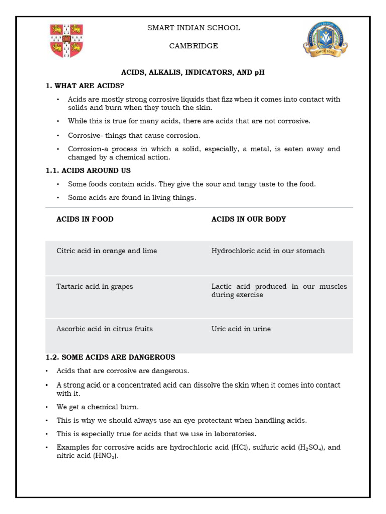Grade 7 Acids, Bases, and Indicators Notes | PDF | Acid | Ph