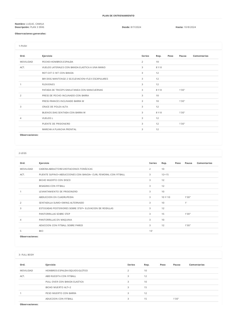 Plan PLAN 3 DÍAS LUQUE CAMILA | PDF | Deportes atléticos | Manejo de la ...