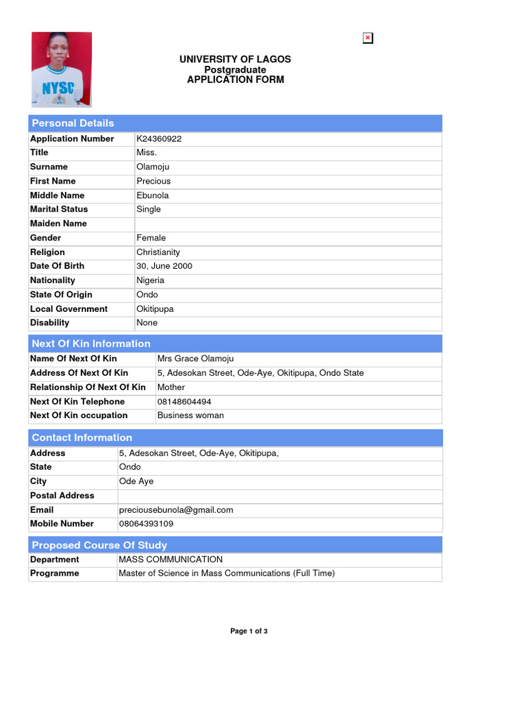Application Form PrintOut Olamoju Precious | PDF