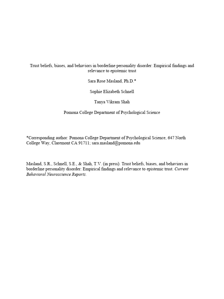Trust Beliefs and Behaviors in Borderline Personality Disorder ...
