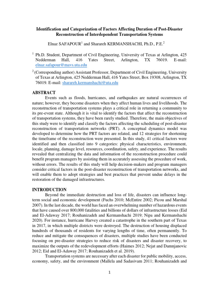Identification and Categorization of Factors Affecting Duration of Post-Disaster Reconstruction ...