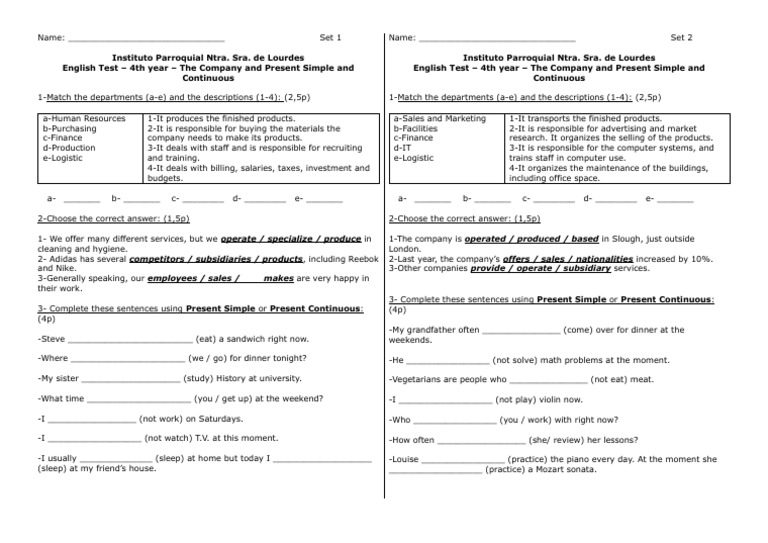 Test 4th Year Companies and Present Simple and Cont | PDF | Career & Growth
