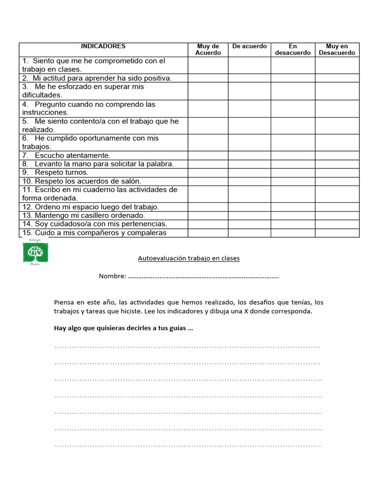 Autoevaluación de Desempeño Escolar | PDF | Crecimiento personal y ...