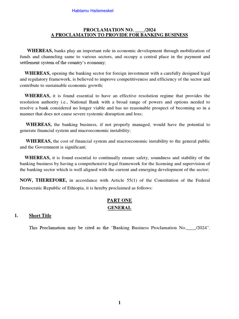 Banking Business Proclamation (Draft) | PDF | Banks | Board Of Directors