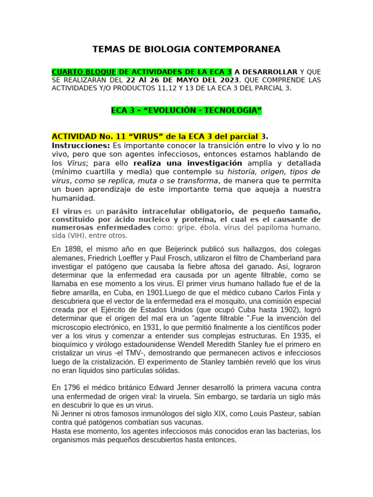 4to - Bloque de Actividades de La Eca 3 | PDF | Virus | Biología Celular)