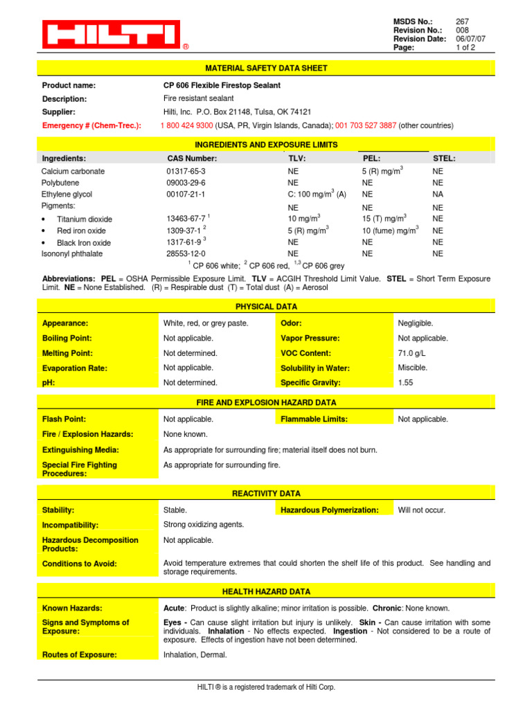 Hilti CP 606 MSDS | PDF | Waste | Personal Protective Equipment