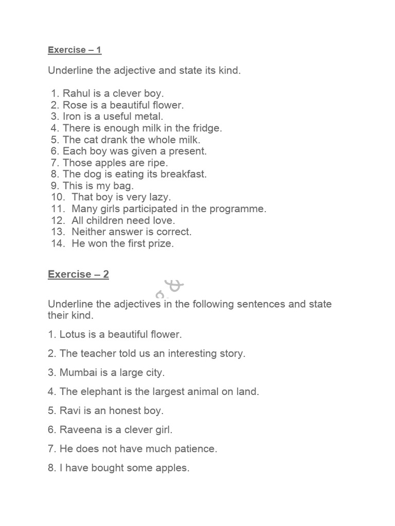 Underline The Adjective and State Its Kind | PDF | Language Arts ...