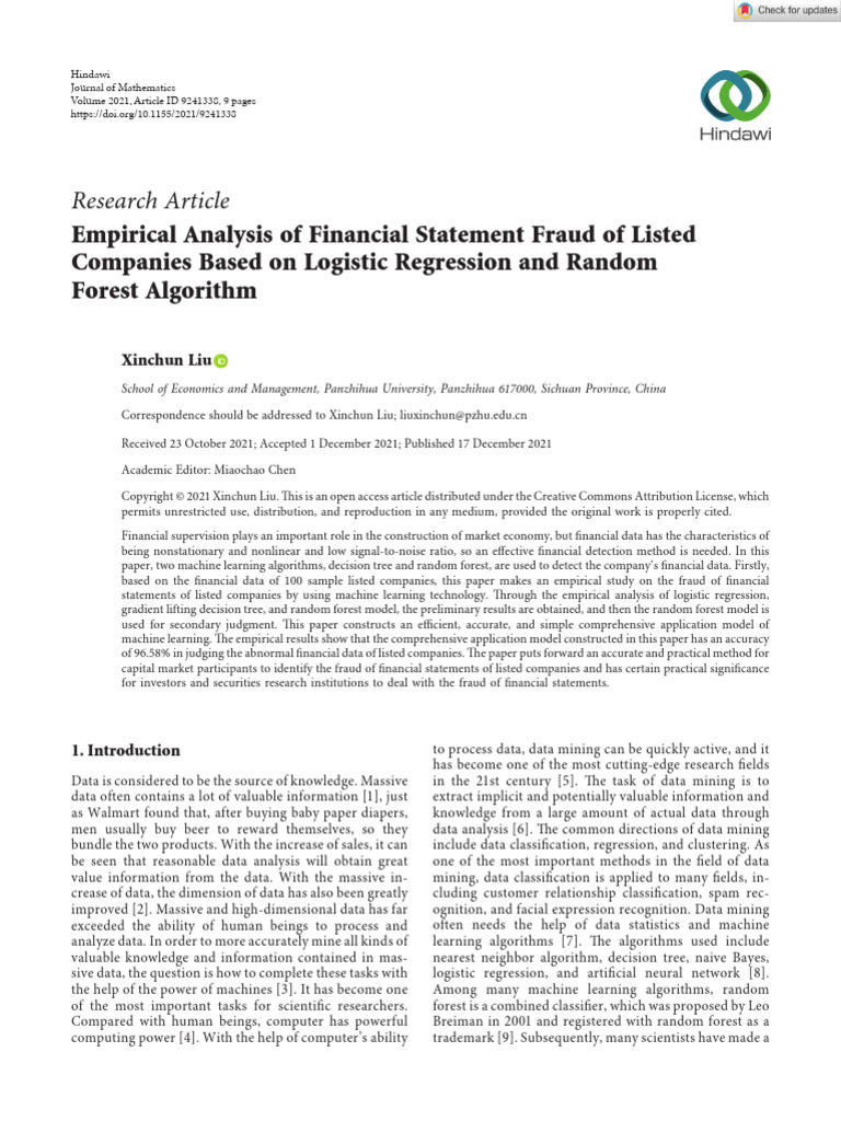 Journal of Mathematics - 2021 - Liu - Empirical Analysis of Financial Statement Fraud of Listed ...