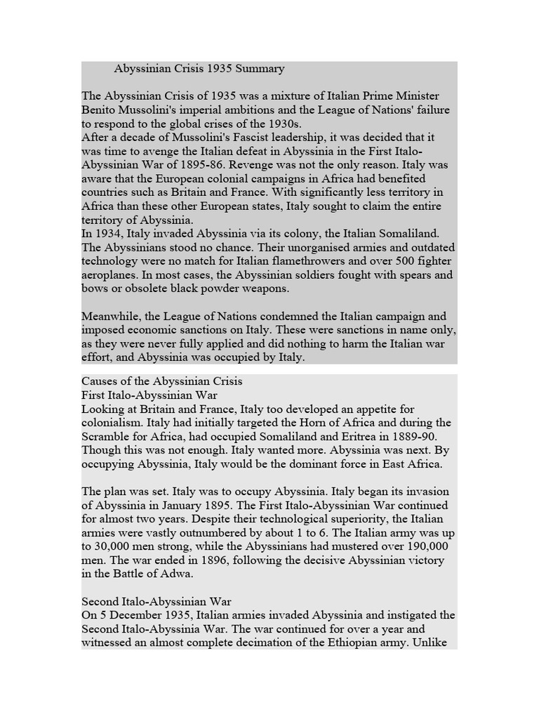 Abyssinian Crisis 1935 Summary | PDF | Ethiopia | Italy