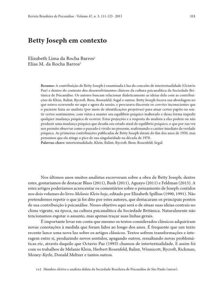 Betty Joseph em Contexto | PDF | Psicanálise | Experiência