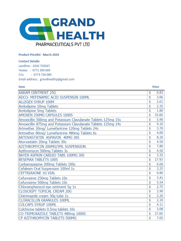 GH PRICE LIST March 2024 | PDF | World Health Organization | Pharmacology