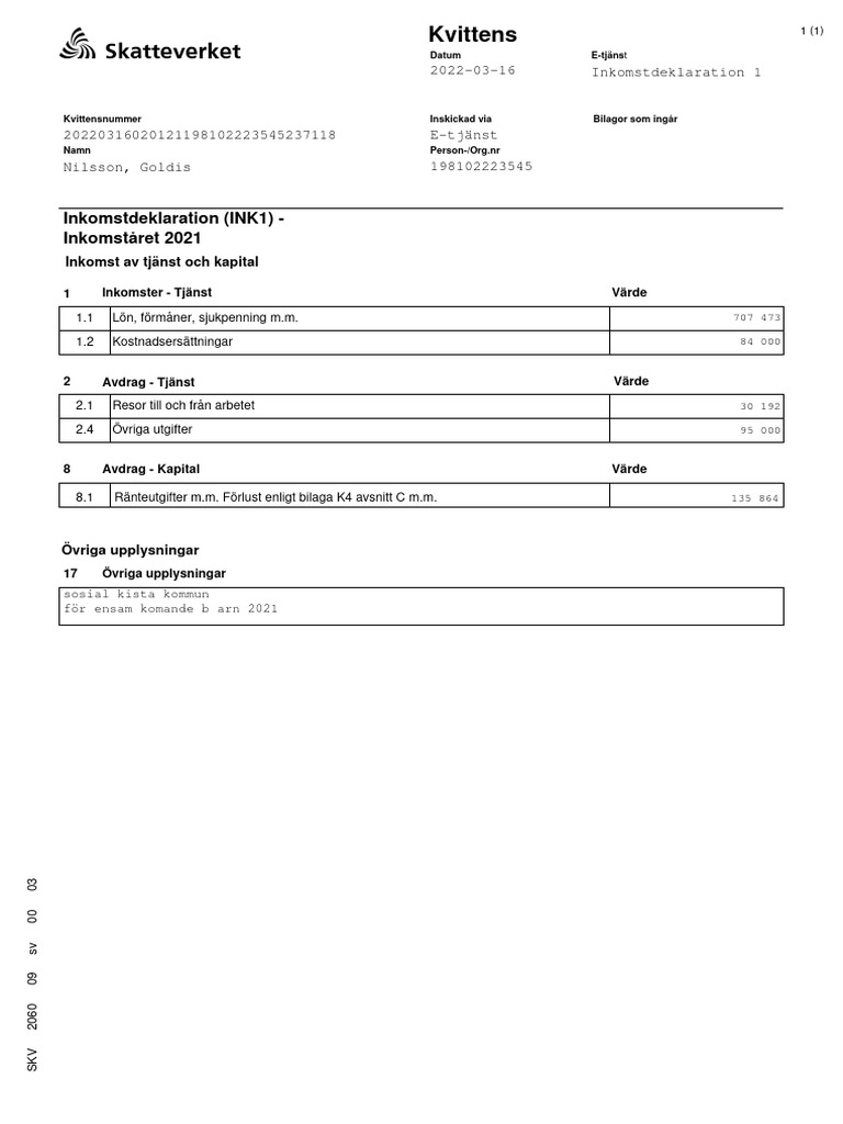 Kvittens 198102223545 - Inkomstdeklaration 1 2022 | PDF