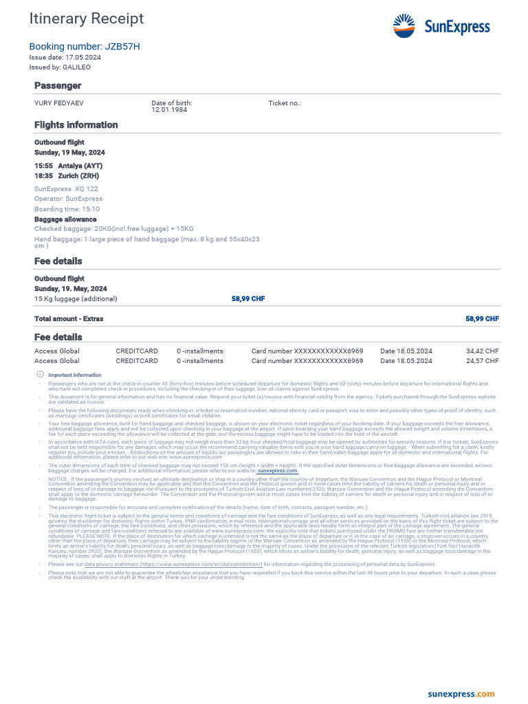 Itinerary Receipt | PDF | Baggage