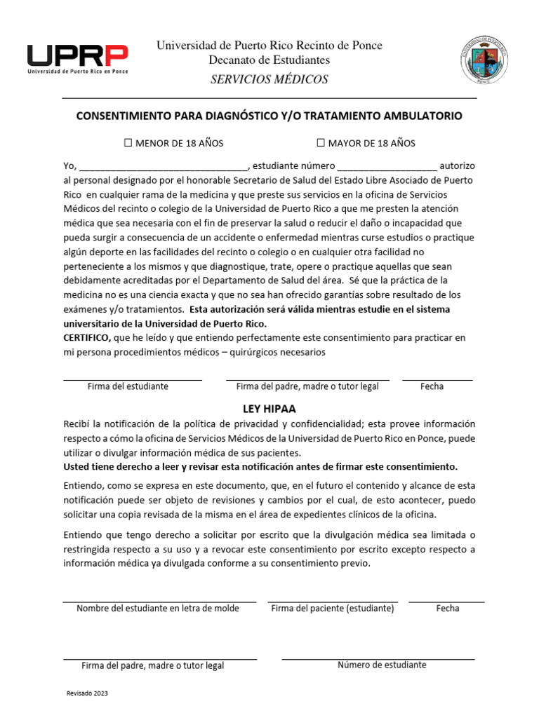 Ley Hipaa y Consentimiento para Diagnostico1 | PDF | Medicina | Puerto Rico