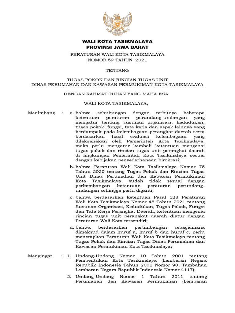 Perwal Nomor 59 Tahun 2021 TTG Tugas Pokok Dan Rtu Disperwaskim | PDF