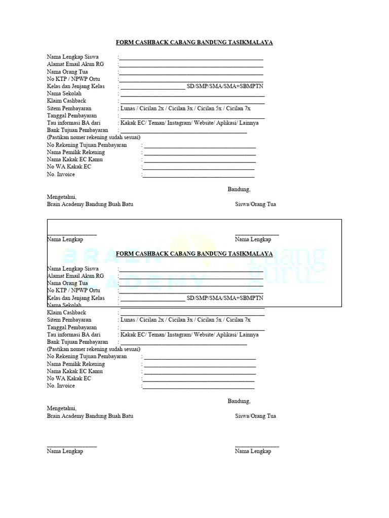 Form Cashback Dan Referal Cabang Tasik | PDF | Pengelolaan Keuangan & Uang