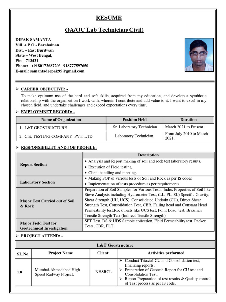 Dipak Samanta Resume - Lab Technician | PDF | Geotechnical Engineering