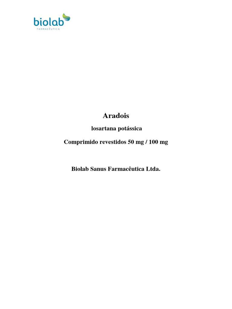 Bula do Aradois: Losartana Potássica 50/100 mg | PDF | Hipertensão ...