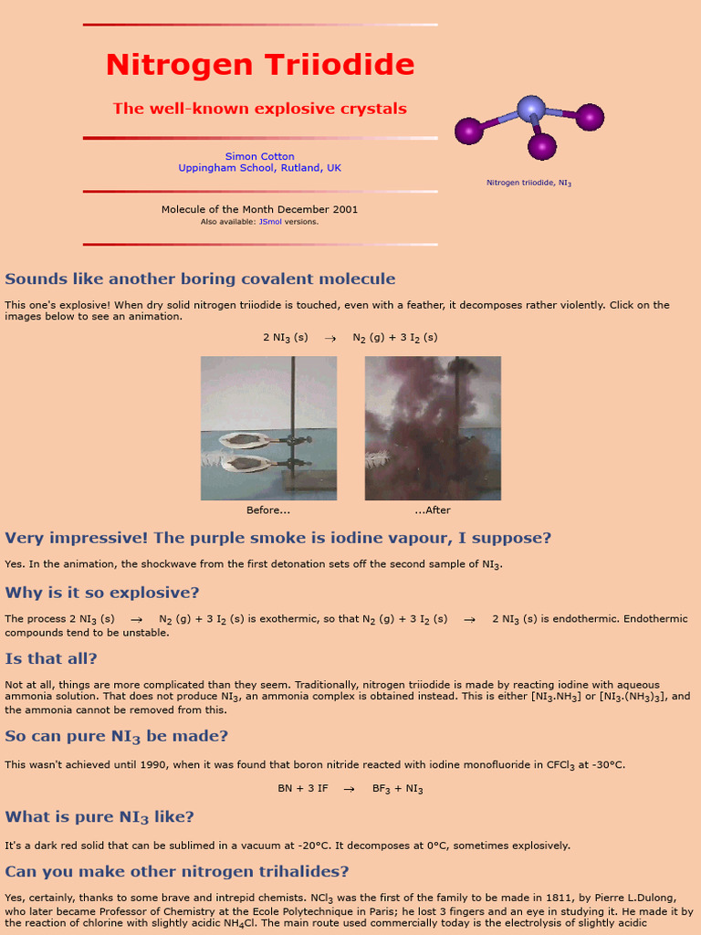 Nitrogen Tri-Iodide - Molecule of The Month - December 2001 | PDF ...