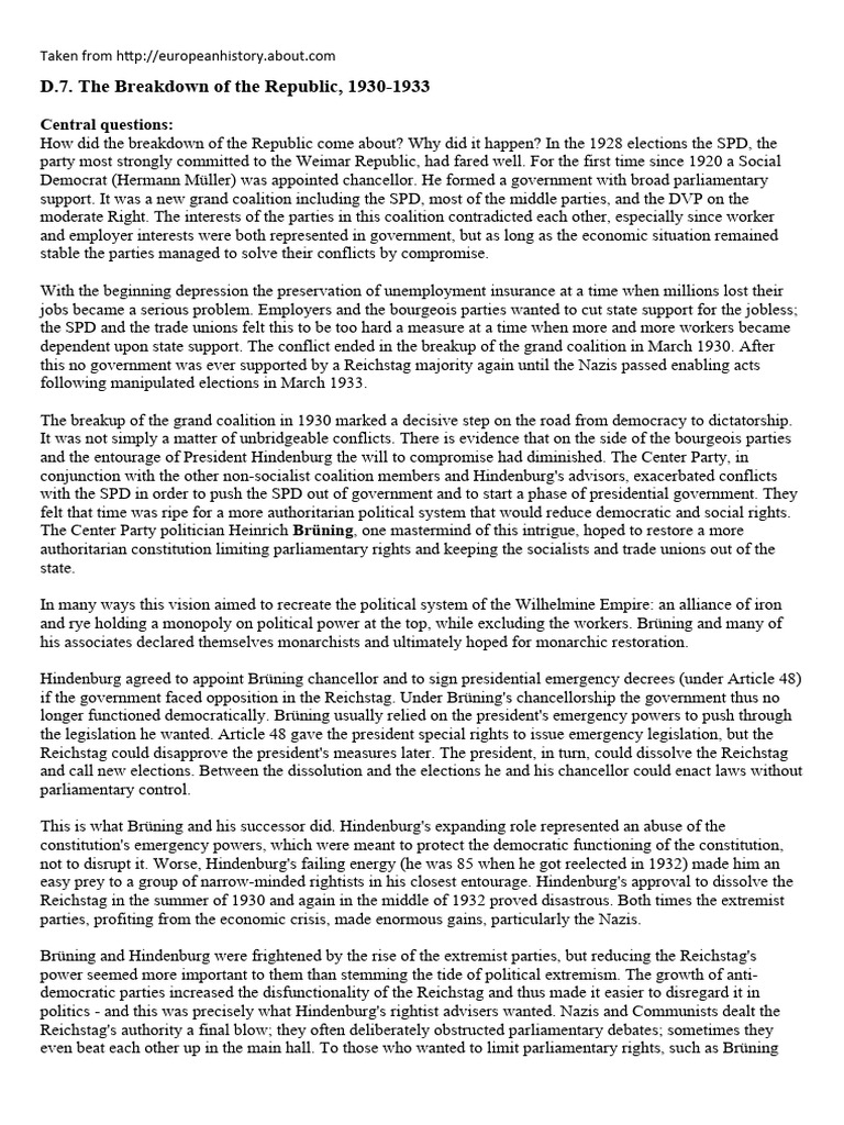 Breakdown of The Weimar Republic | PDF | Weimar Republic | Nazi Party