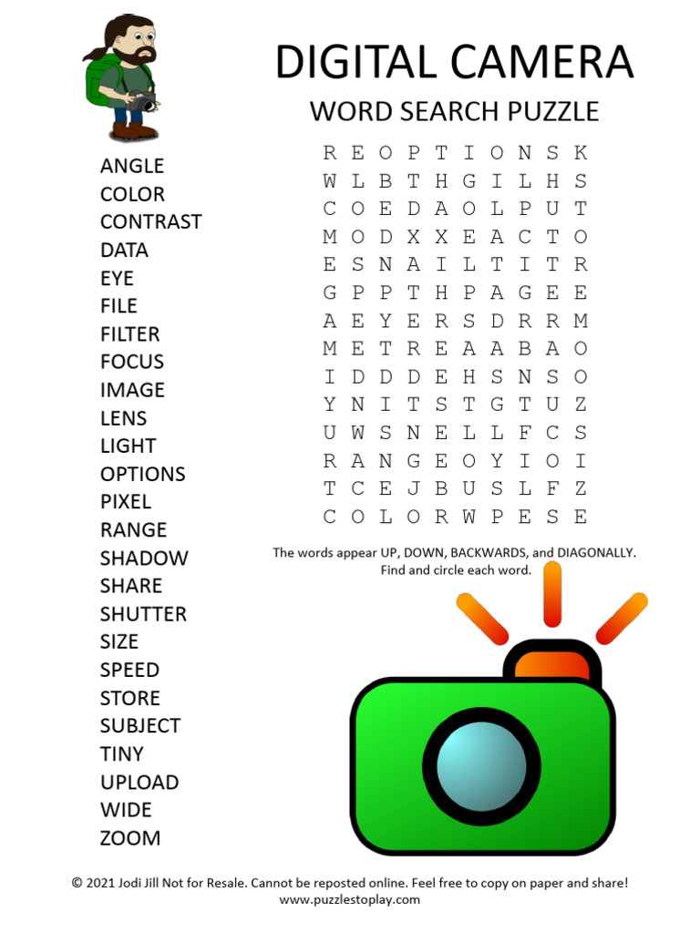 Digital Camera Word Search Puzzle File | PDF