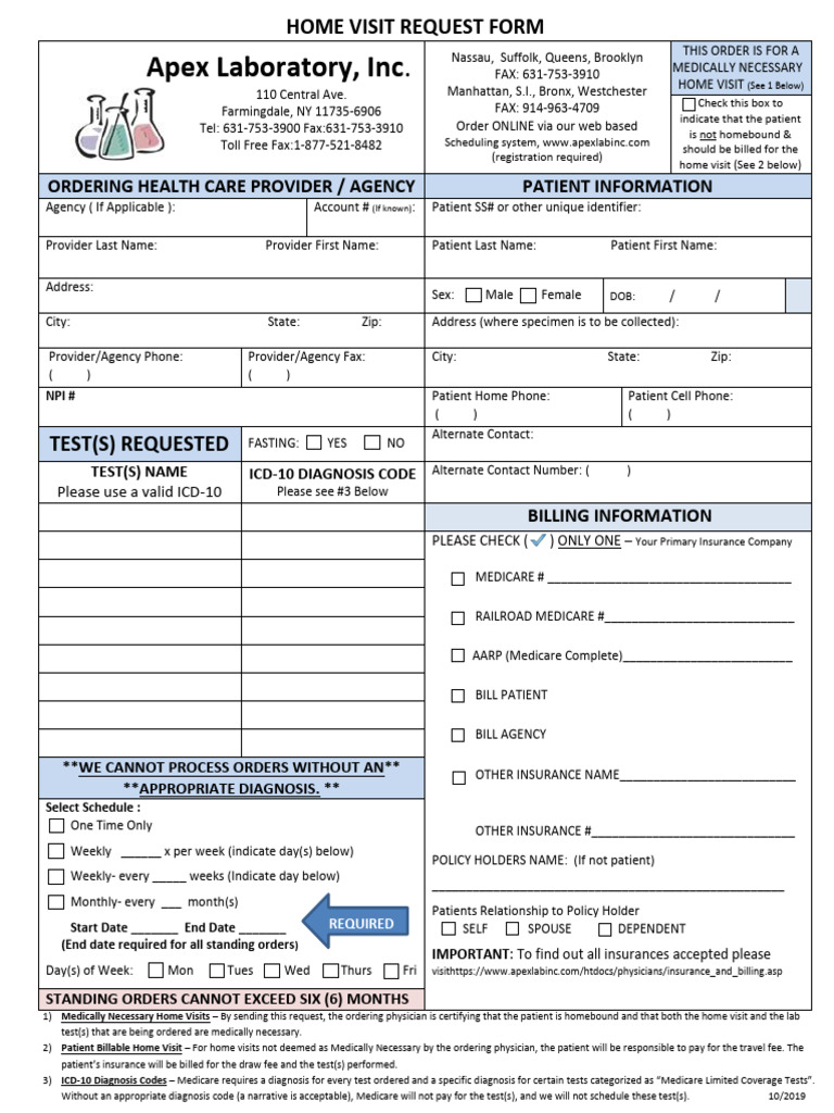 Apex Labs Home Visit Request Form | PDF | Medicare (United States ...