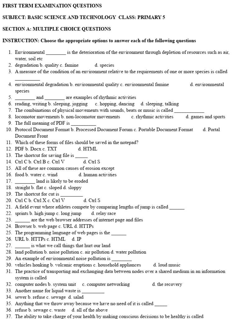 Exam For Basic Science and Technology Primary 5 1st Term | PDF | World ...