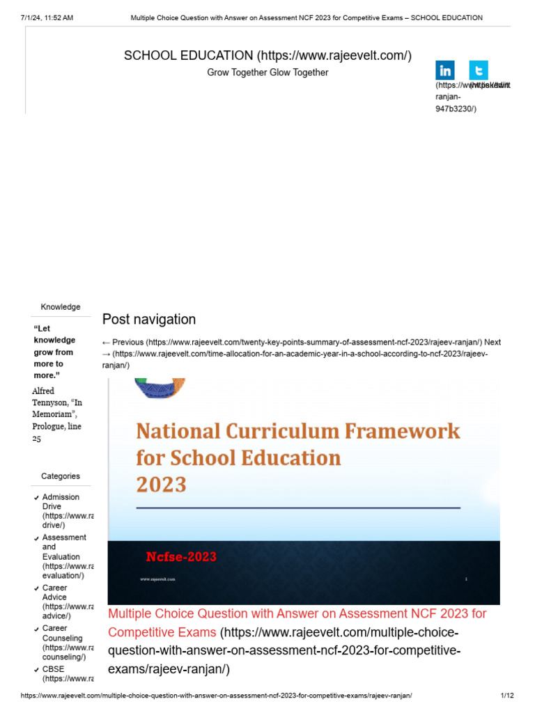 NCF 2023 Assessment MCQs for Exams | PDF | Educational Assessment ...