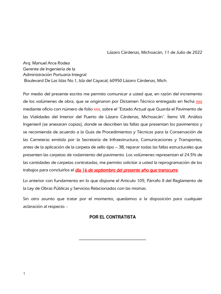 Oficio Reprogramación de Obra | PDF