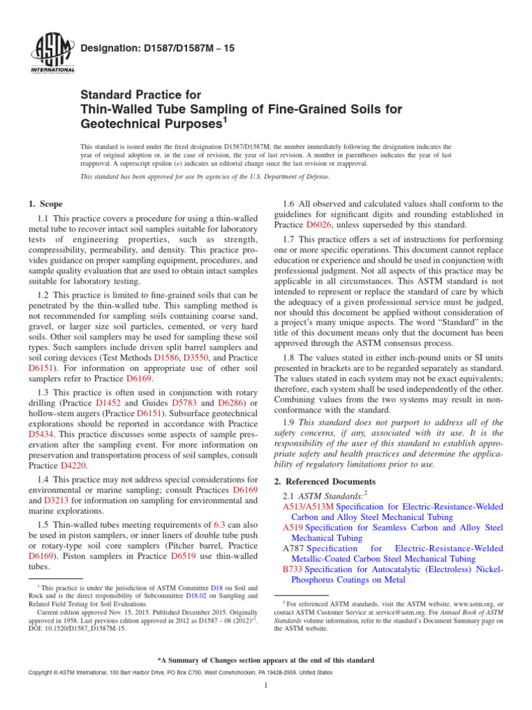 Standard Practice For Thin Walled Tube Sampling | PDF | Pipe (Fluid ...
