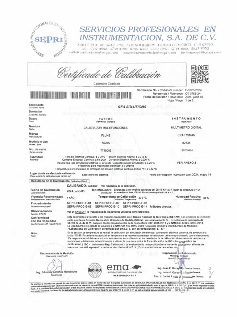 Certificado EMA Multimetro 2024 | PDF | Calibración | Fenomeno fisico