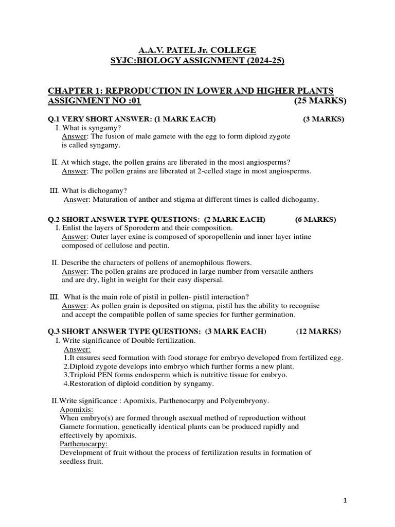 Chapter 1 Assignment (2024-25) | PDF | Fertilisation | Botany