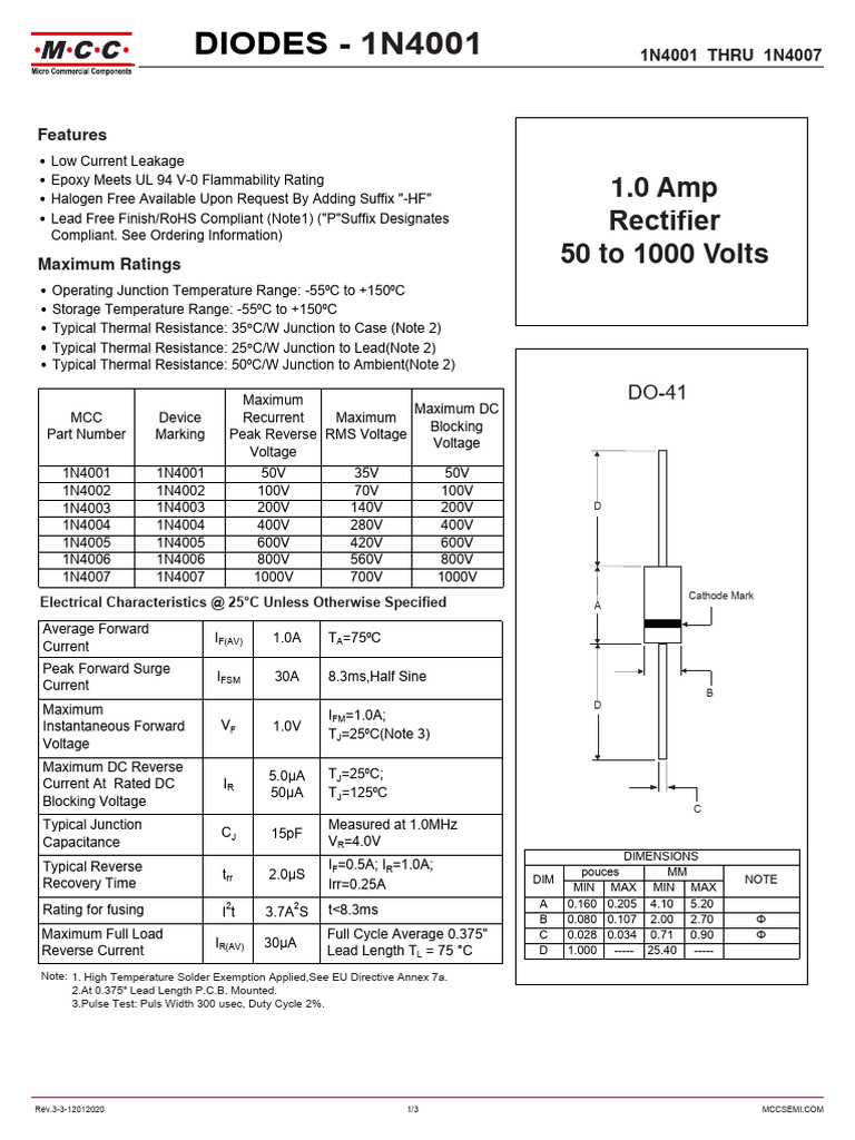 Fiche Technique de La Diode 1N4007 | PDF | Diode | Rectifier