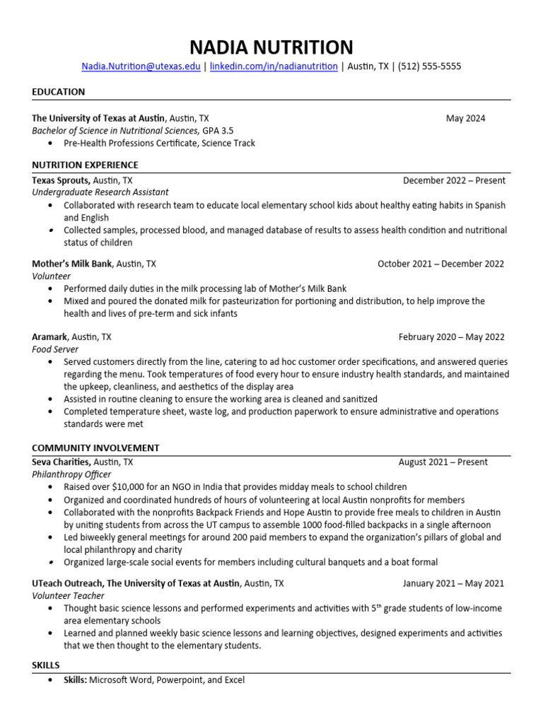 Nadia Nutrition Resume | PDF