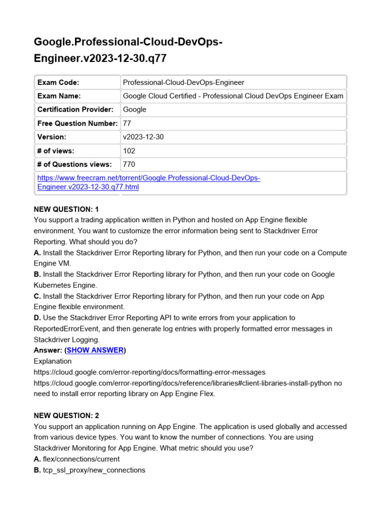 Google - Professional Cloud DevOps Engineer.v2023 12 30.q77 | PDF | Cloud Computing | Computer ...