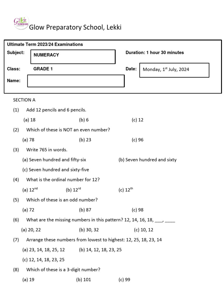 Numeracy Grade 1 Ultimate Term 2024 | PDF | Classical Geometry ...