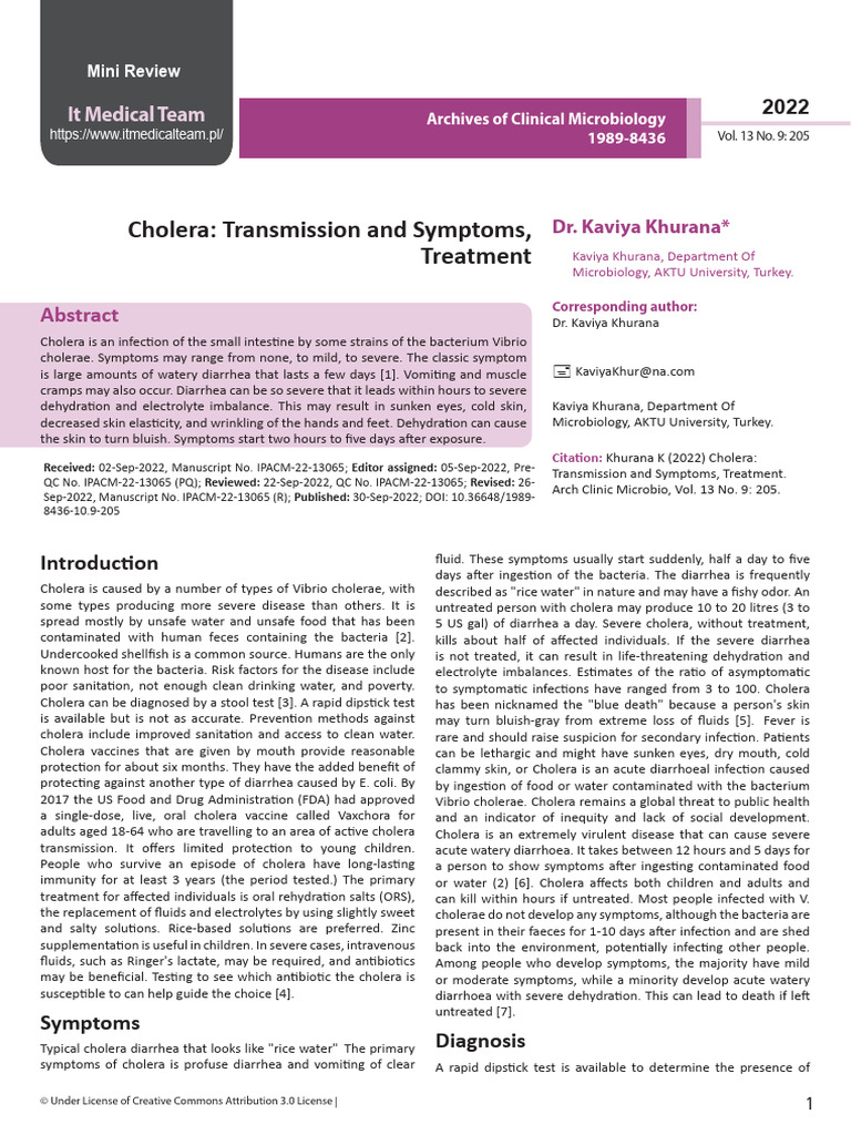 Cholera Transmission and Symptoms Treatment | PDF | Cholera | Diarrhea