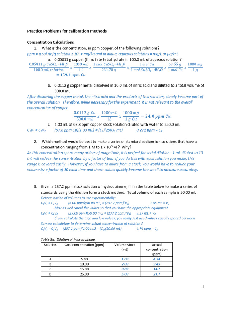 Practice Solutions For Calibration Methods | PDF | Parts Per Notation ...