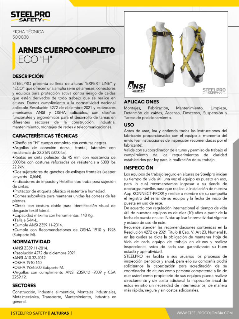Ficha Tecnica - Arnes - Steelpro - H - 500838 | PDF