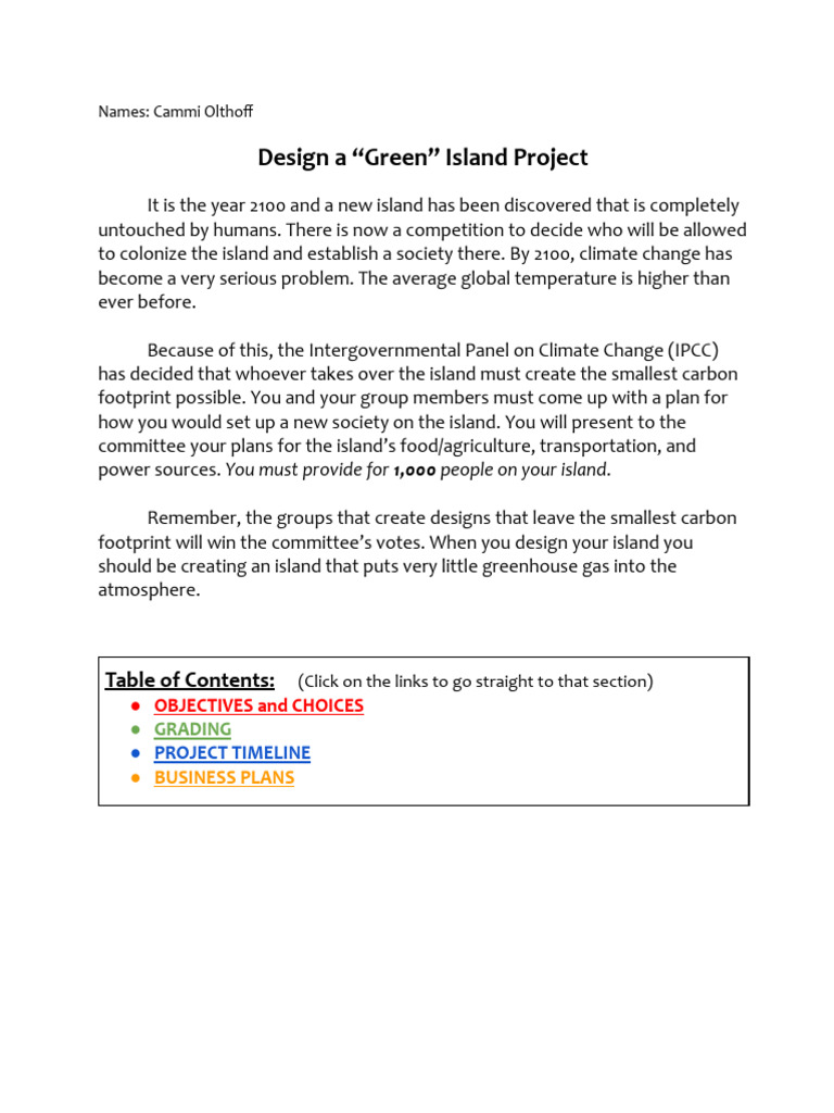 Cameron Olthoff - Green Island Project - Student Packet - Smith | PDF ...