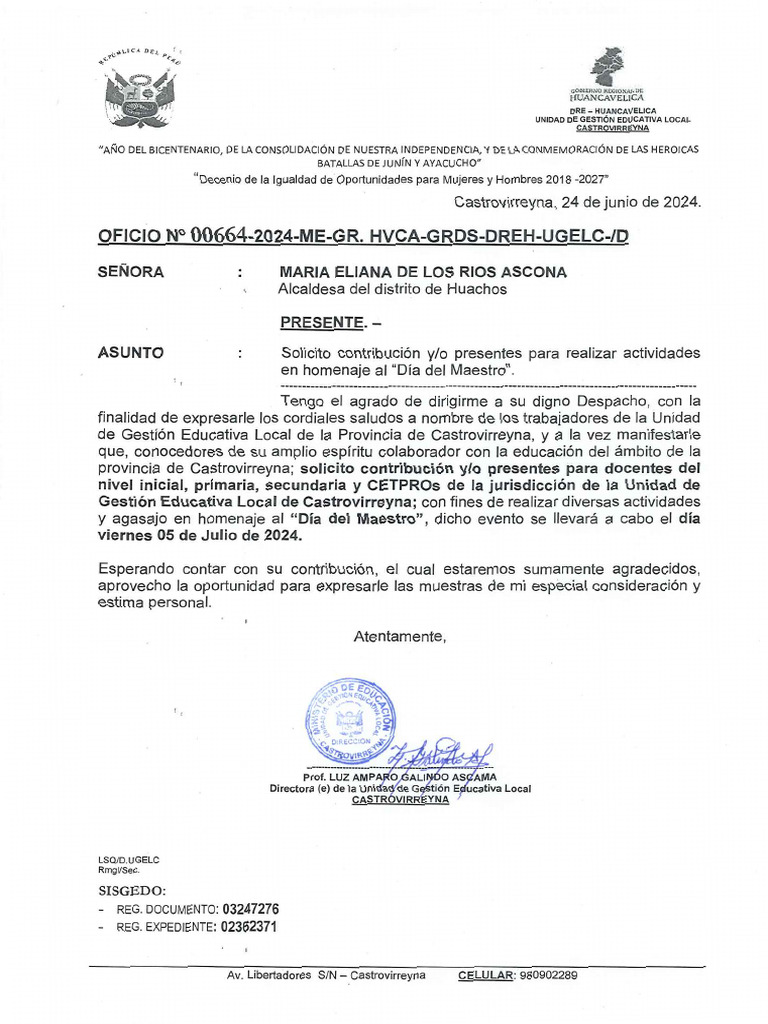 Oficio #00664 - Apoyo Dia Del Maestro Muni Huachos | PDF