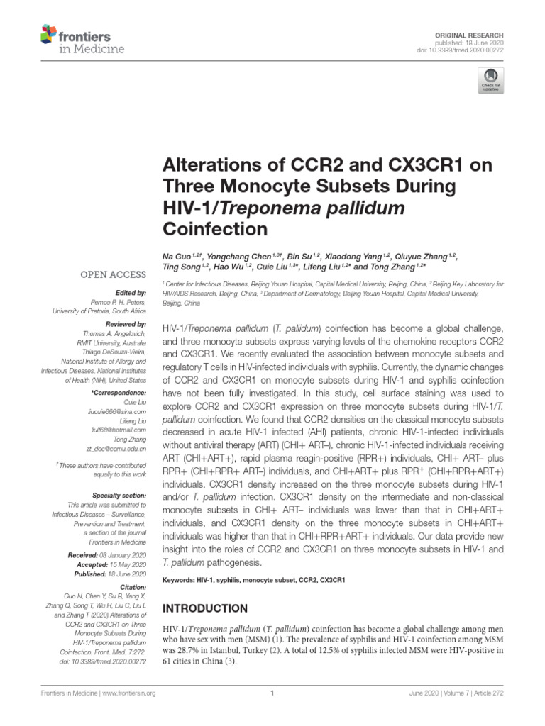 Alterations of CCR2 and CX3CR1 On Three Monocyte Subsets During HIV-1 ...