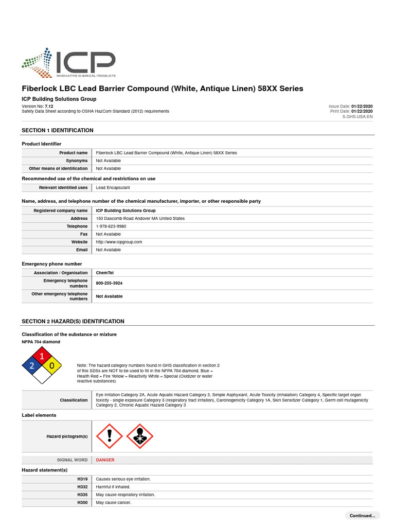 Fiberlock LBC Lead Barrier Compound White Antique Linen US ENG SDS ...