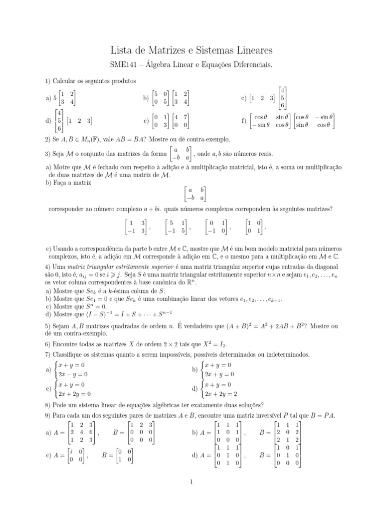 Lista Matrizes Sistemas USP | PDF | Matriz (Matemática) | Número complexo
