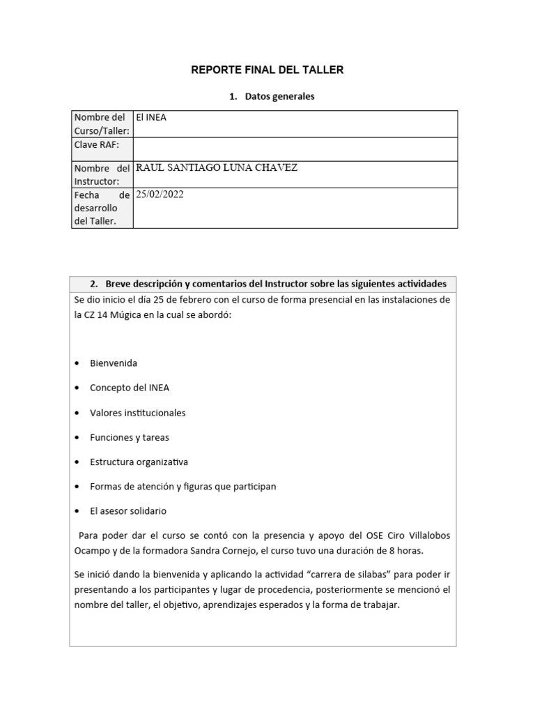 Informe Final Taller Raul Santiago Luna Chavez | PDF | Aprendizaje | Cognición