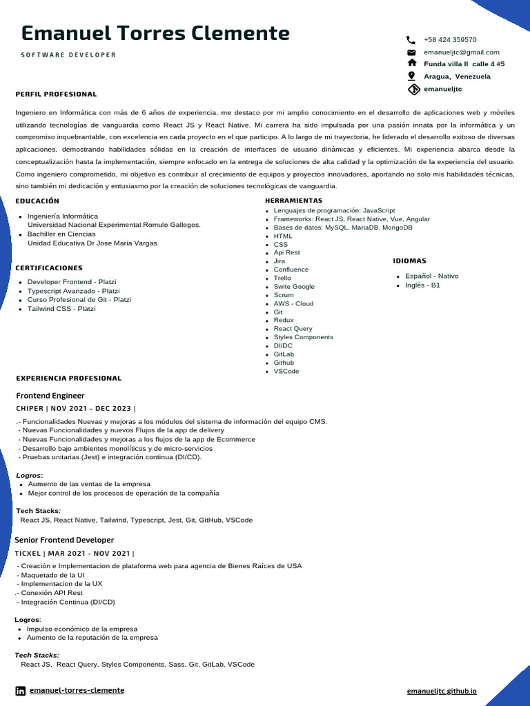 Cv. Emanuel Torres Clemente - Frontend Developer - React - js-1 | PDF ...