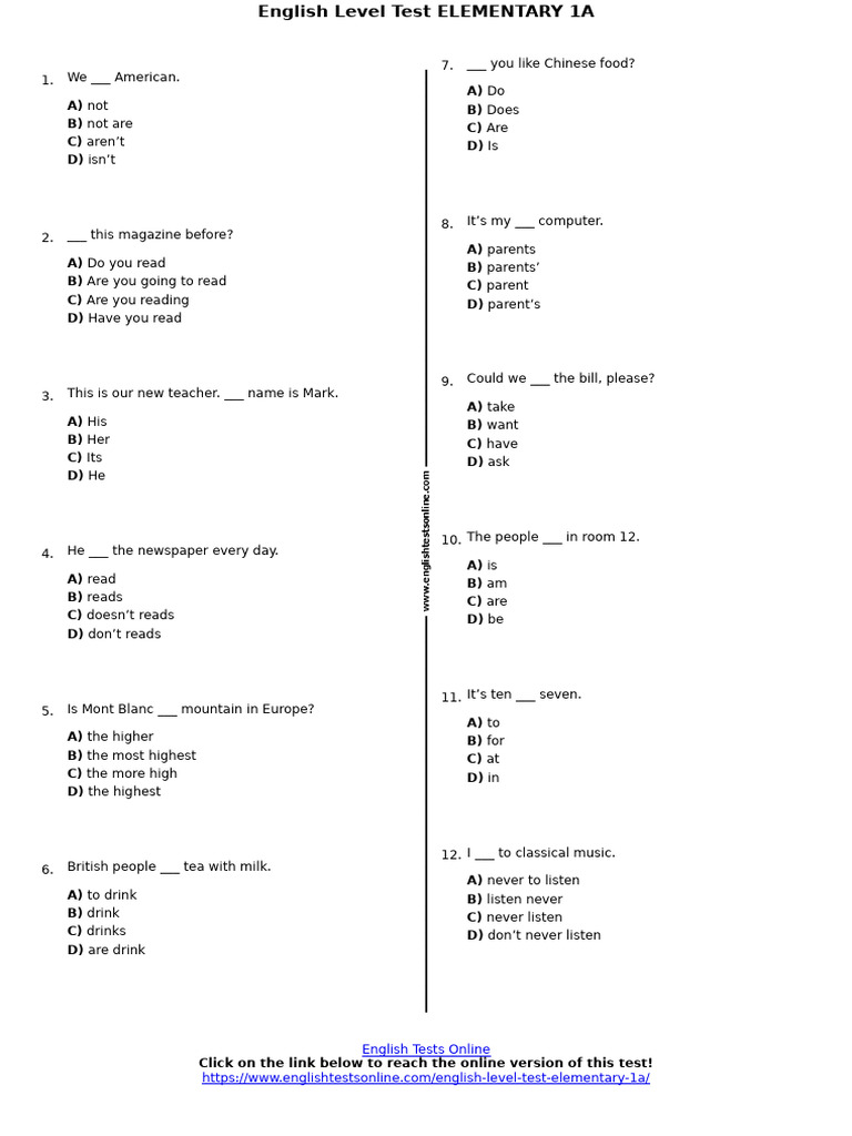 English Level Test: Elementary 1A | PDF