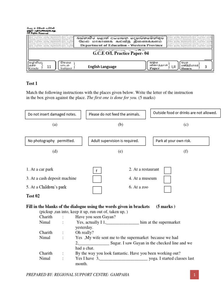 O - L English - Model Paper 4 - Western Province - 2023 - 24 | PDF