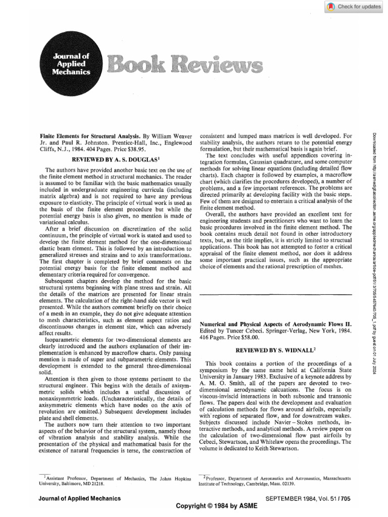 Journal of Applied Mechanics: Finite Elements For Structural Analysis. by William Weaver | PDF ...