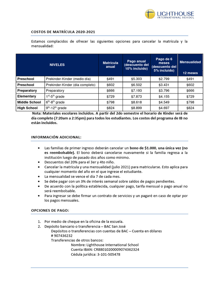 Costos de Matrícula 2020 2021 | PDF